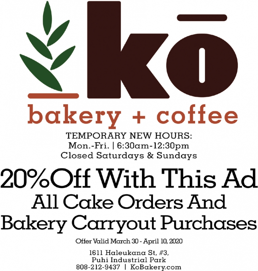 20% OFF With this Ad, KO Bakery + Coffee